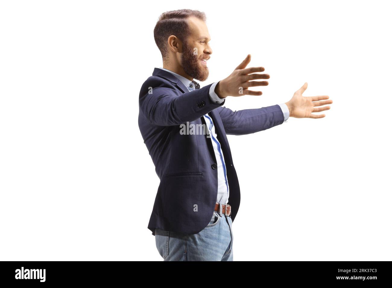 Man waiting with arms wide open isolated on white background Stock ...