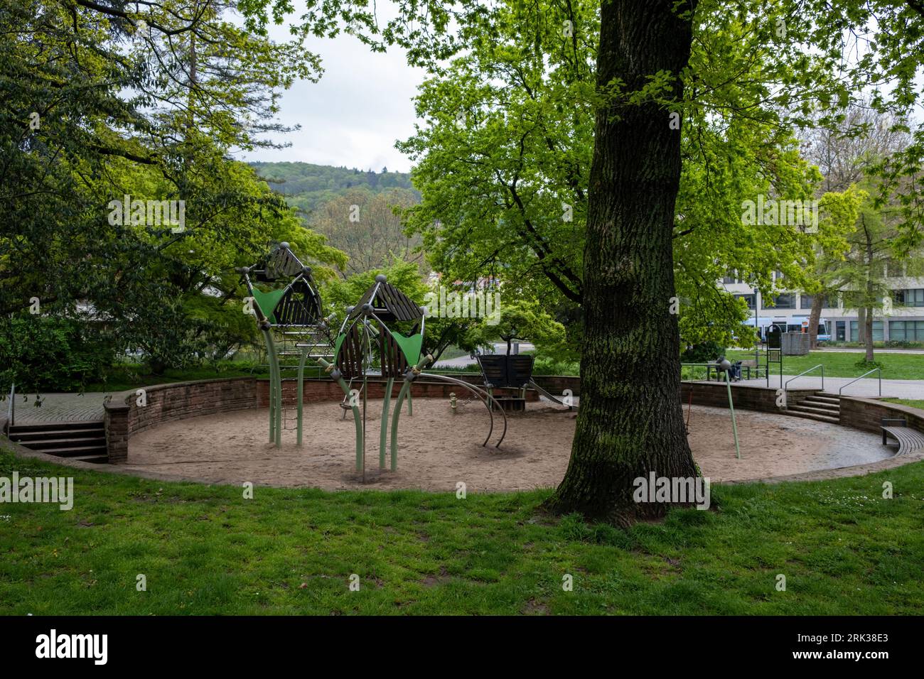 Child empty playground in urban park. Activity and fun in nature, safe ...