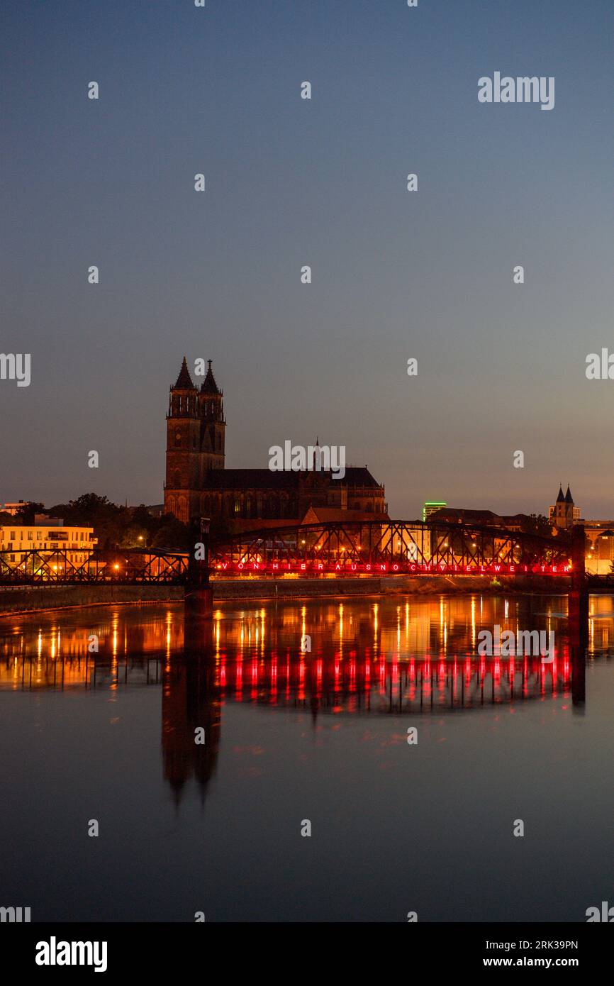 Magdeburg, Germany. 23rd Aug, 2023. The day breaks over the cathedral ...