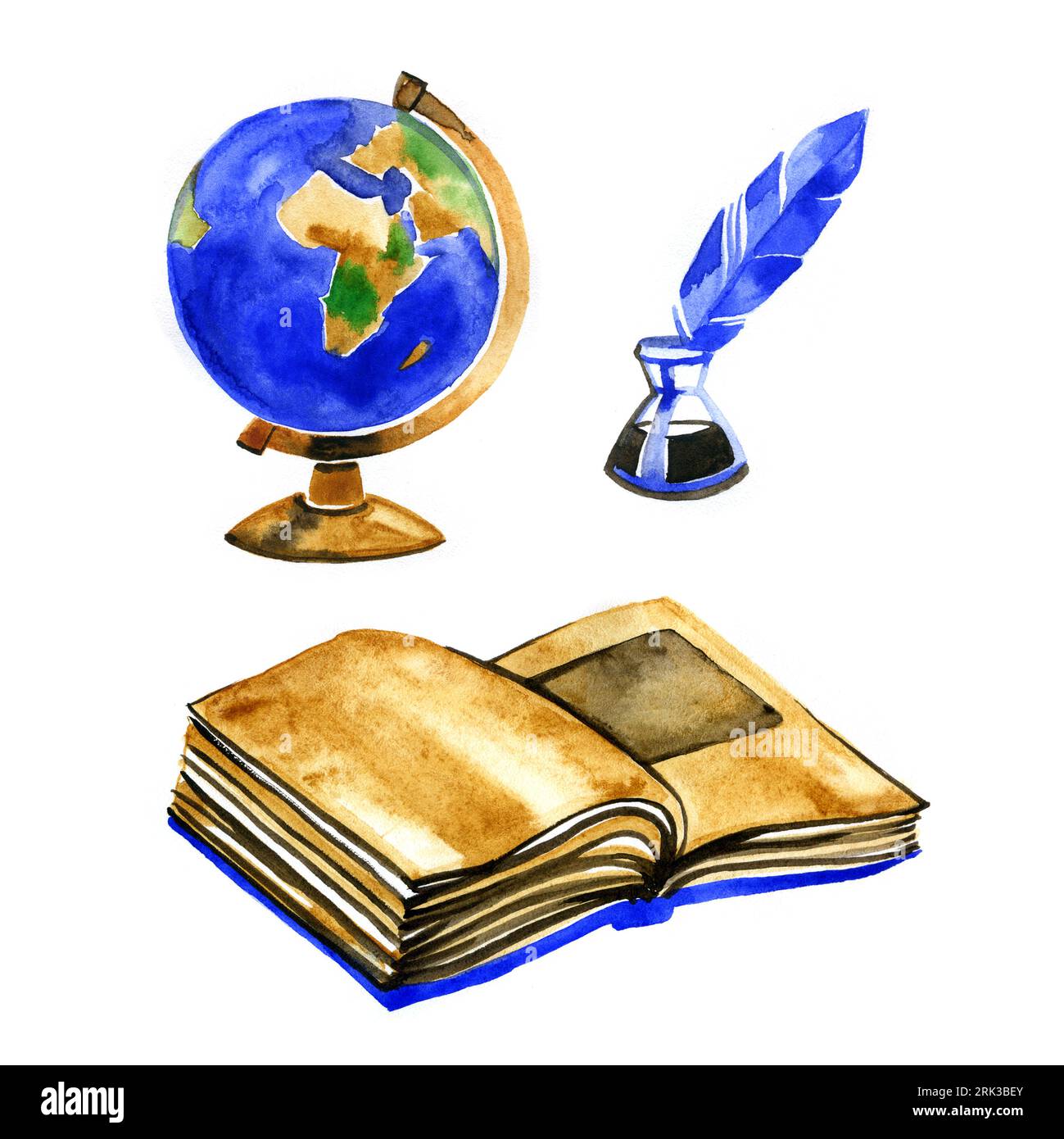 Watercolor vintage book, globe and ink pen illustrations Stock Photo ...