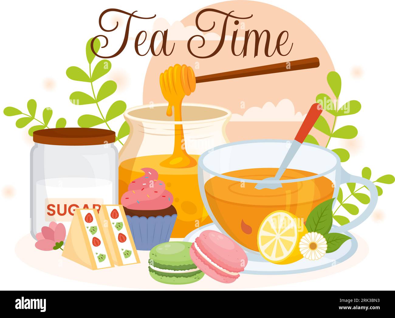 Tea Time Vector Illustration with Mug of Hot Drink, Sweet Desserts and ...