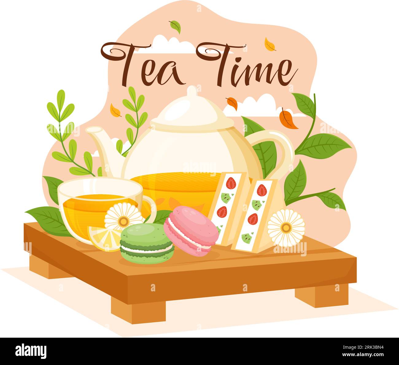 Tea Time Vector Illustration with Mug of Hot Drink, Sweet Desserts and ...
