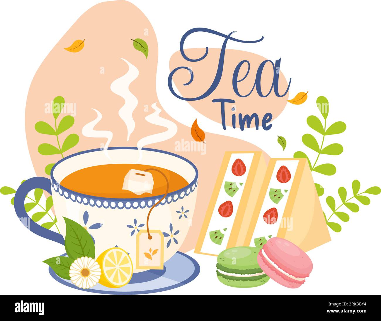 Tea Time Vector Illustration with Mug of Hot Drink, Sweet Desserts and ...