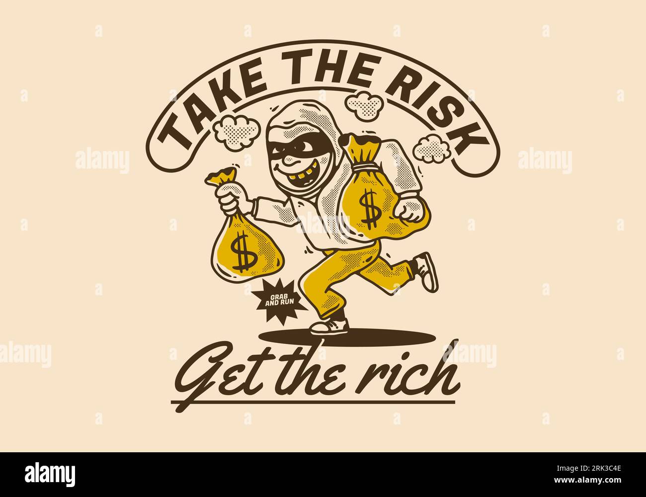 Take the risk get the rich. Bank robber character holding a money sack ...