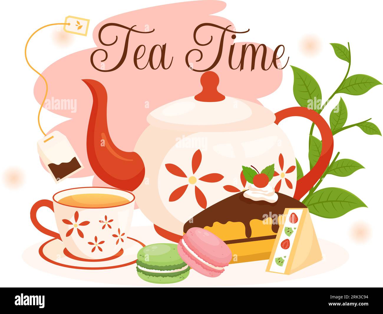 Tea Time Vector Illustration with Mug of Hot Drink, Sweet Desserts and ...