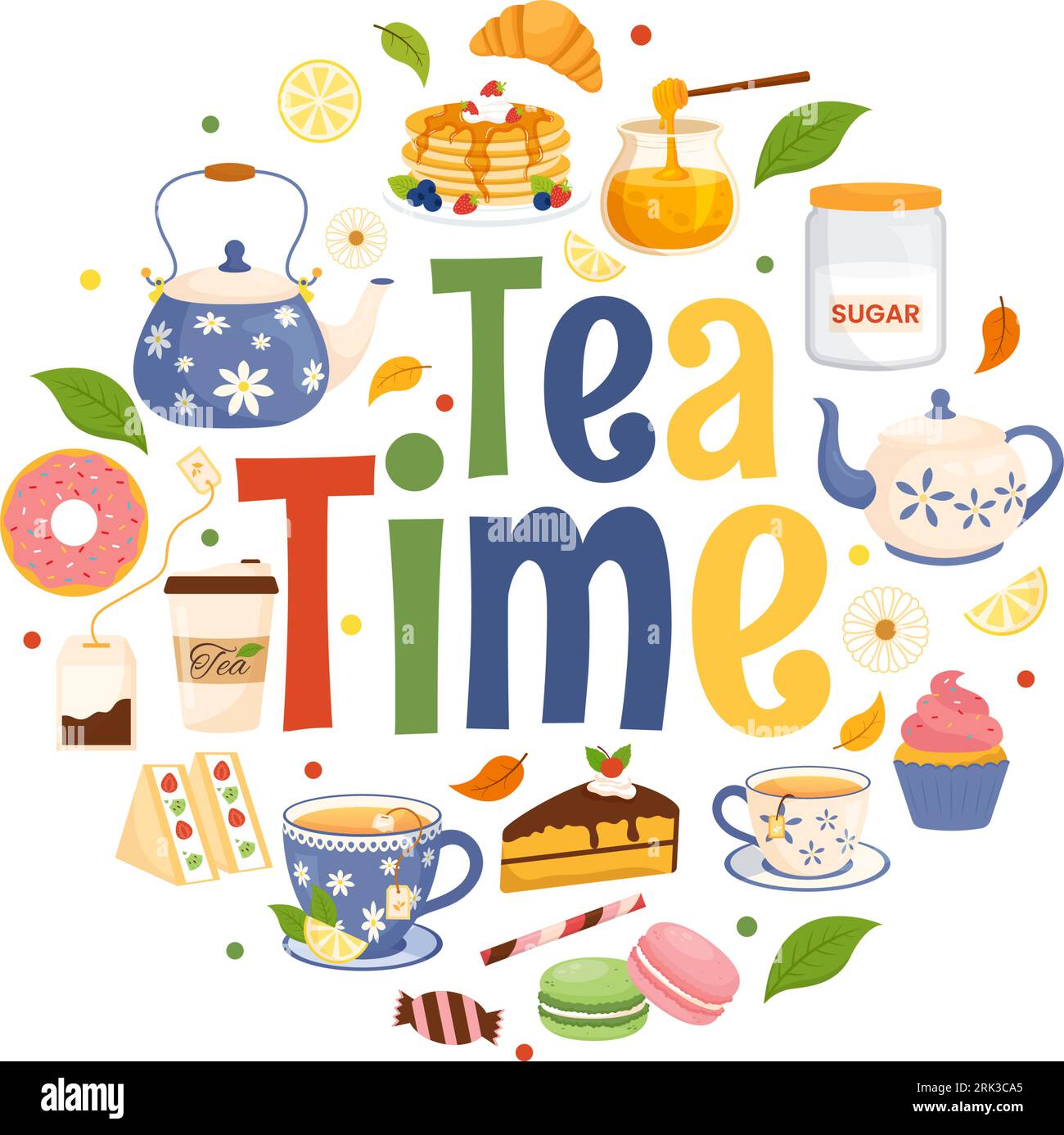 Tea Time Vector Illustration with Mug of Hot Drink, Sweet Desserts and ...