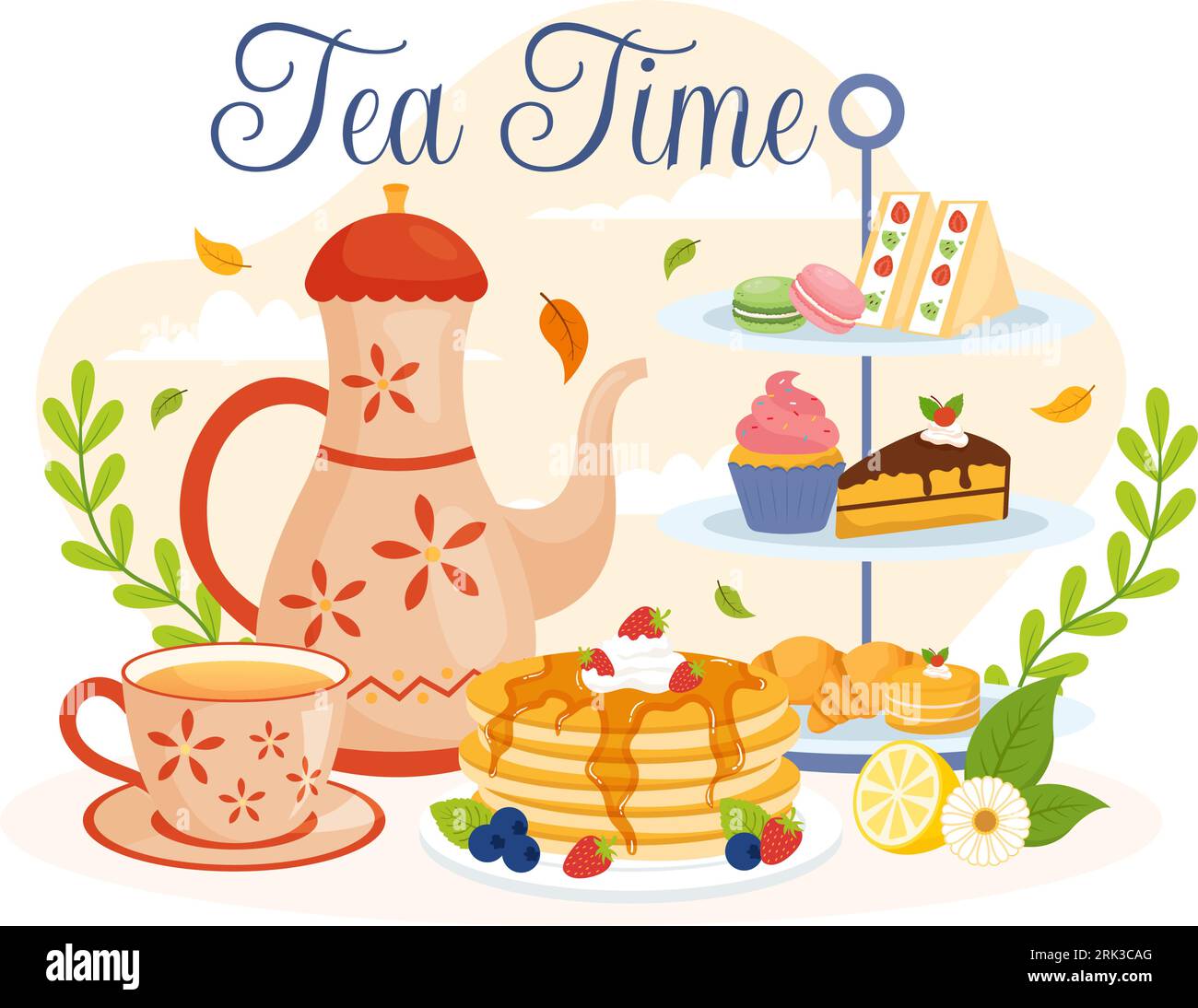 Tea Time Vector Illustration with Mug of Hot Drink, Sweet Desserts and ...