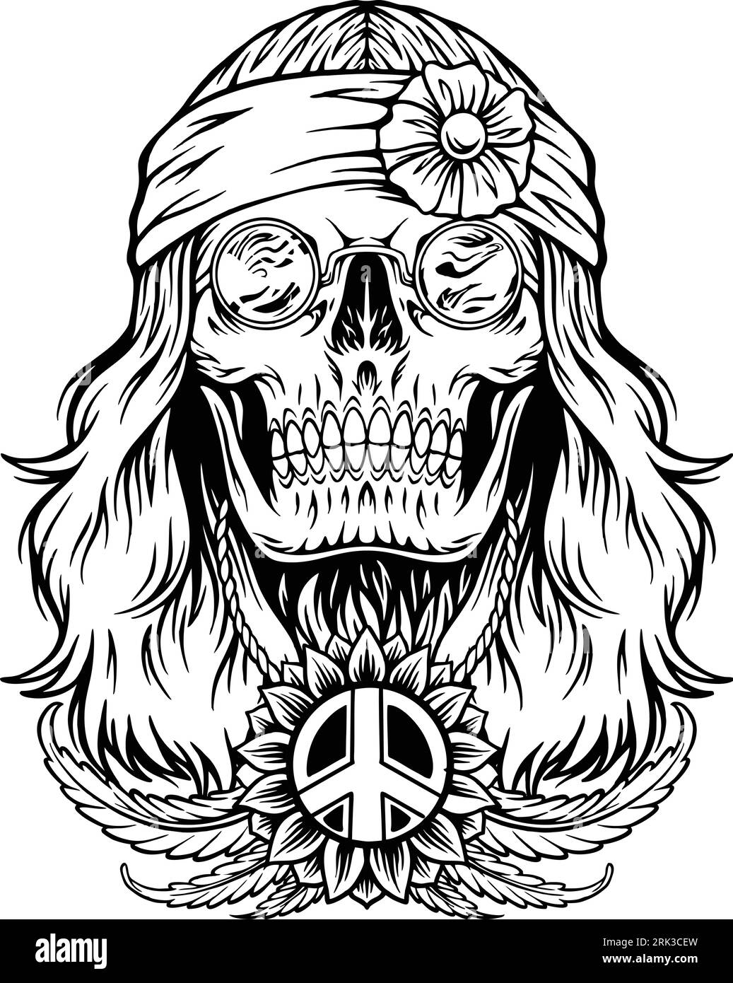 Psychedelic hippie skull head groovy vibes Illustration monochrome ...