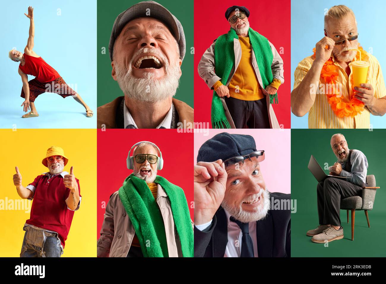 Horizontal photo set collage of portraits of emotional senior man in ...