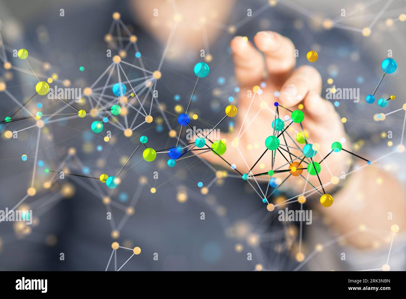 A person pointing at a network of data with connecting dots Stock Photo ...