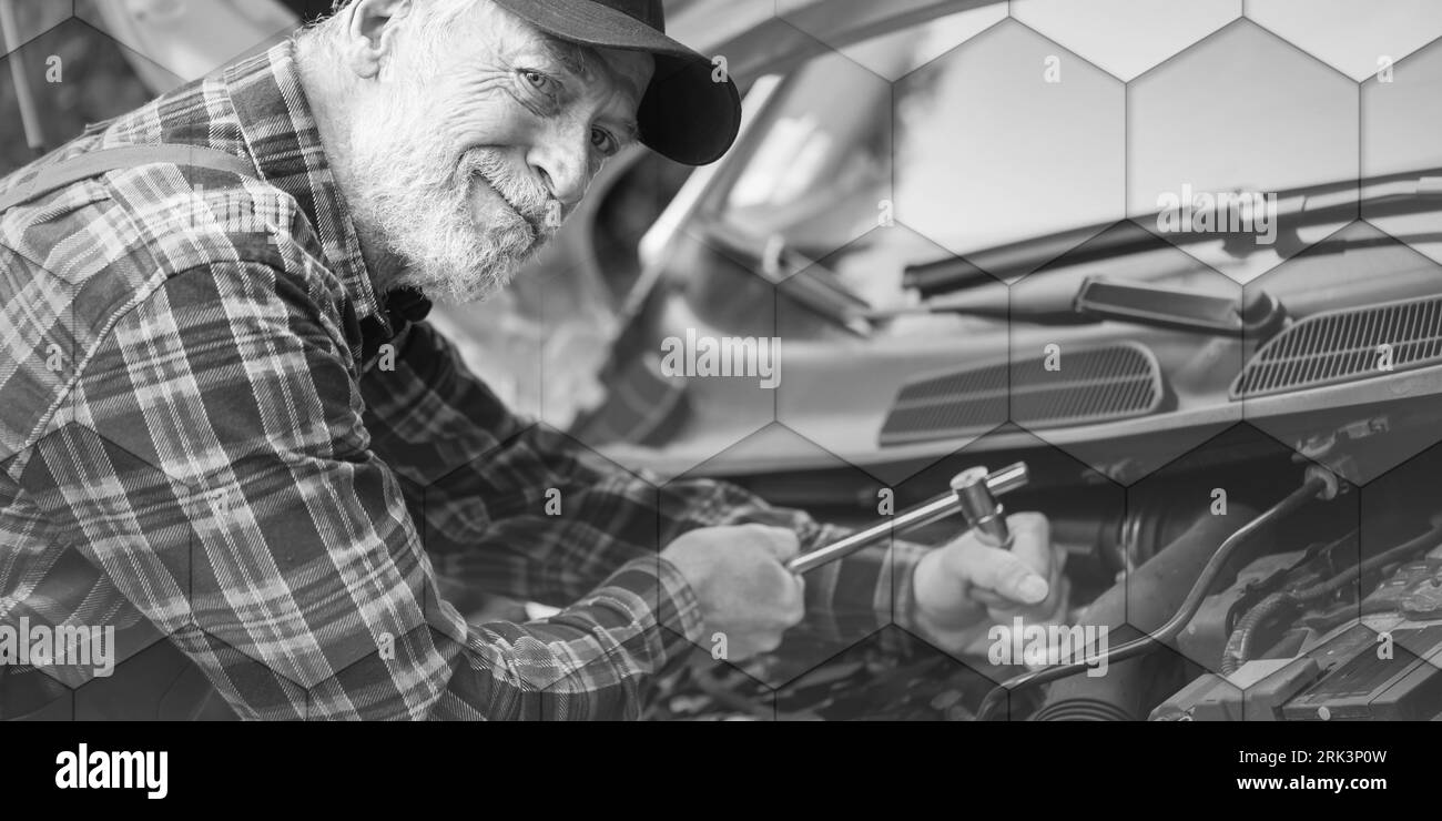Car mechanic repairing a car engine, geometric pattern Stock Photo - Alamy