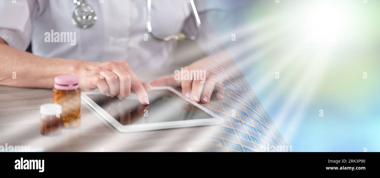 Female doctor using digital tablet at workplace; multiple exposure ...