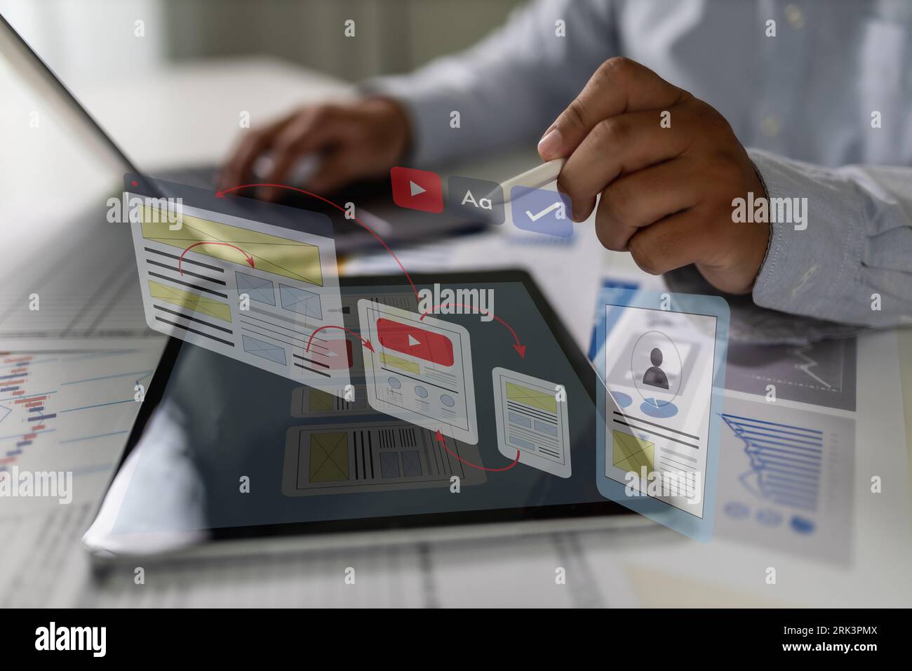 digital marketing businessman hand working with computer UI designer ...