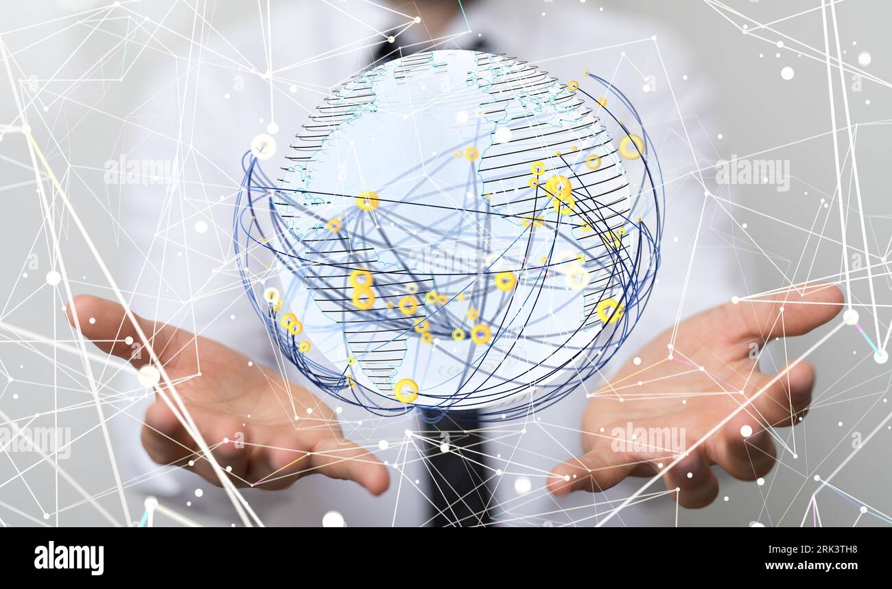 A business professional stands confidently with a hand-drawn world ...