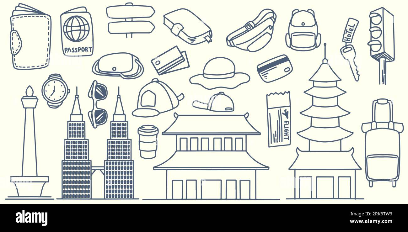 Hand drawing doodle travel elements trip to around asia with tourist ...