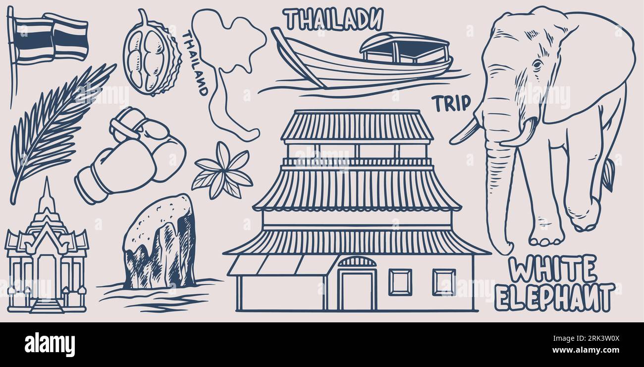Hand drawing doodle trip travel elements set go to thailand with white ...
