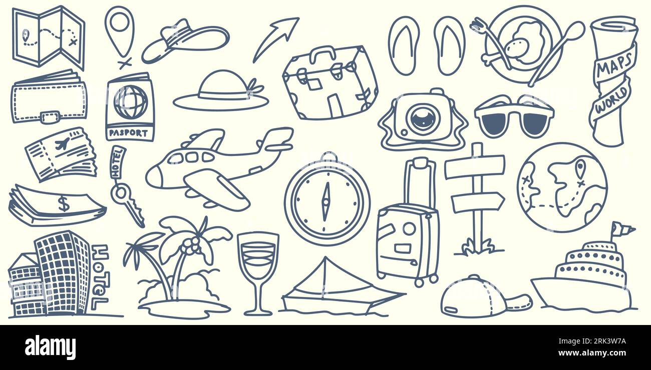 Hand drawing doodle travel elements trip to around the world with ...
