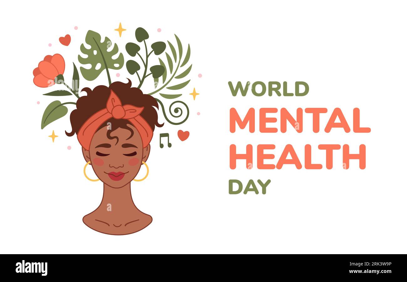 World Mental health Day banner, postcard with African woman accepting ...