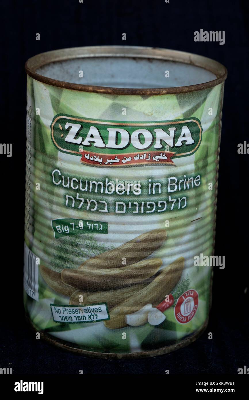 An empty tin of pickles left behind by Palestinians who fled the West ...