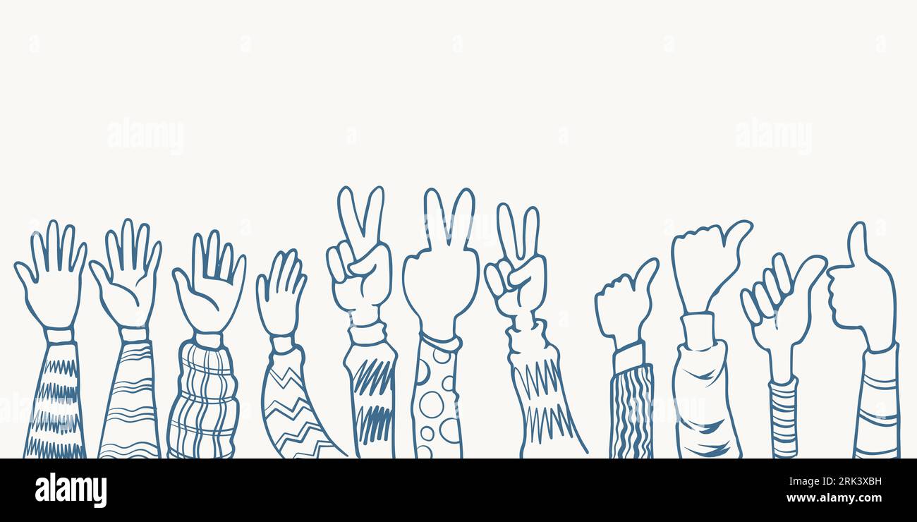 hand drawn hands five, thumb up and peace pose clapping ovation ...