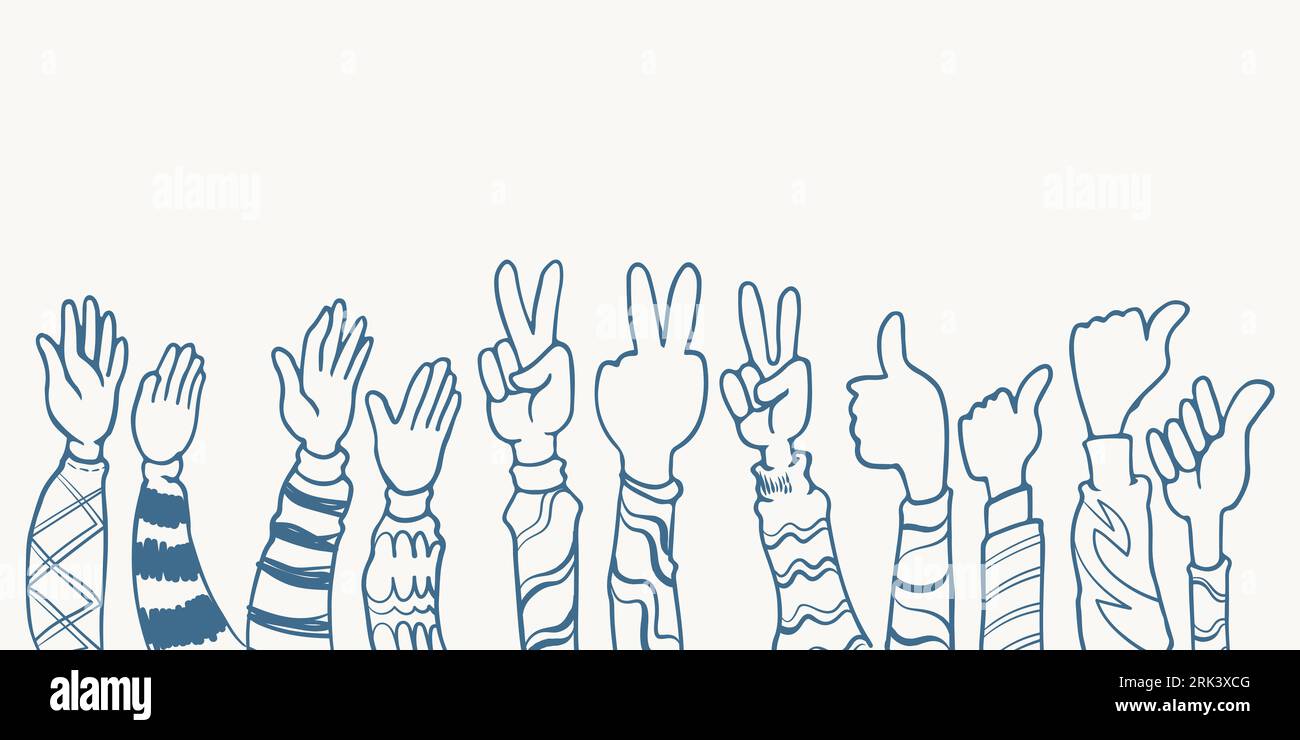 hand drawn hands five, thumb up and peace pose clapping ovation ...