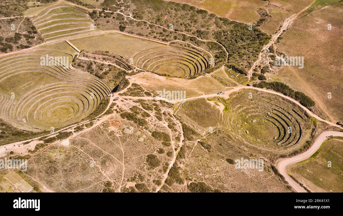 Aerial view of Moray Archeological site. Inca ruins of several terraced ...
