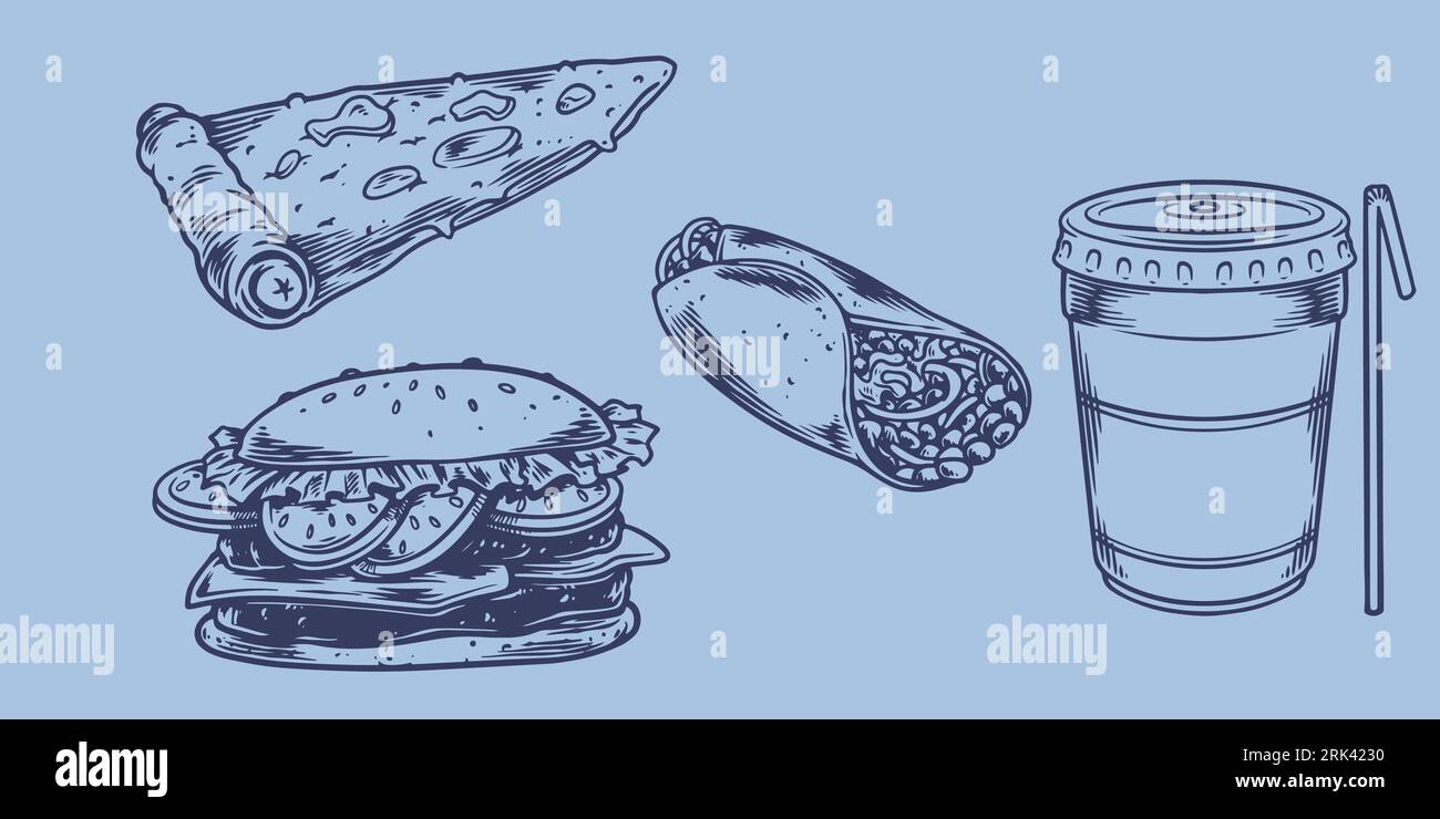 Hand drawing fast food set of hamburger, pizza, kebab, soft drink.Junk ...