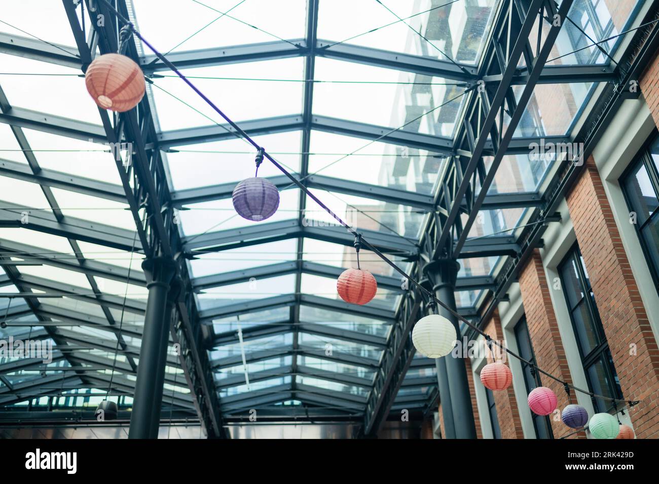 bottom view of top of transparent ceiling in shopping center, ceiling ...