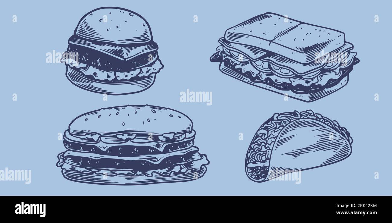 Hand drawing fast food set of sandwiches, two hamburgers, hot dogs ...