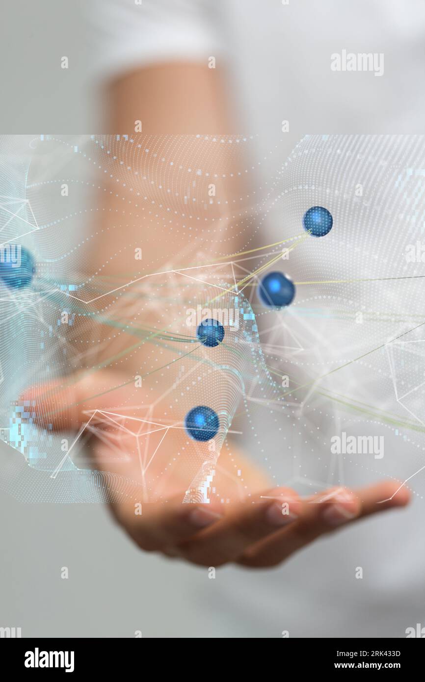 A person showing a network of data with connecting dots Stock Photo - Alamy