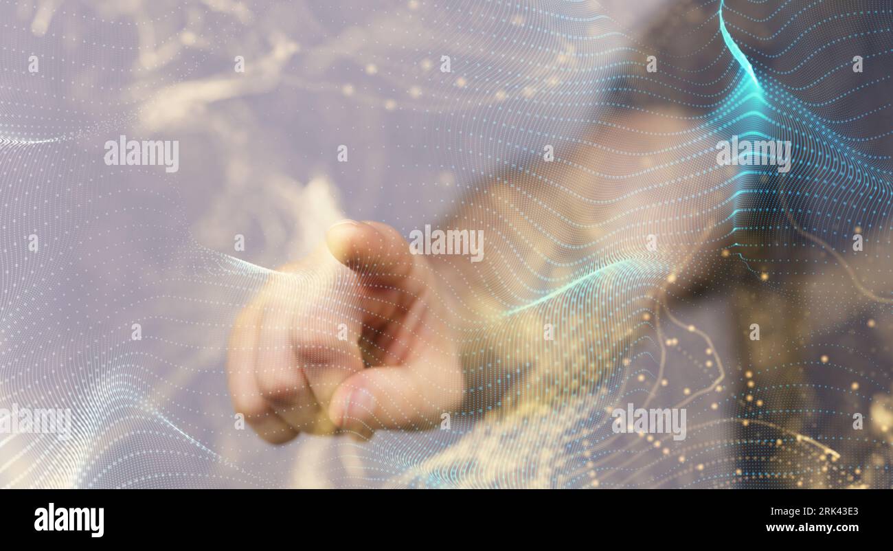 A person pointing at a network of data with connecting dots Stock Photo ...
