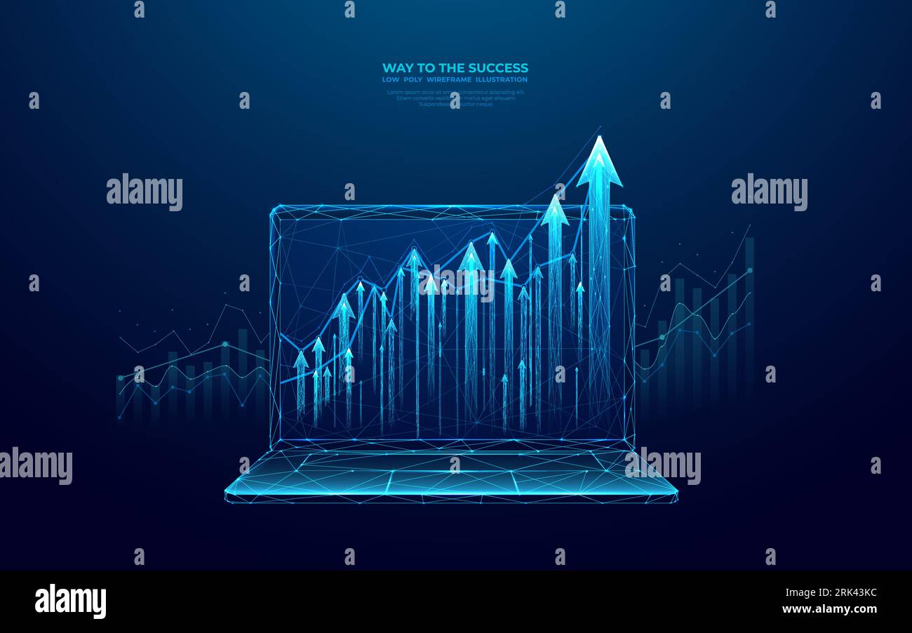 Growing graph chart on a laptop screen. Digital arrows up and diagram ...