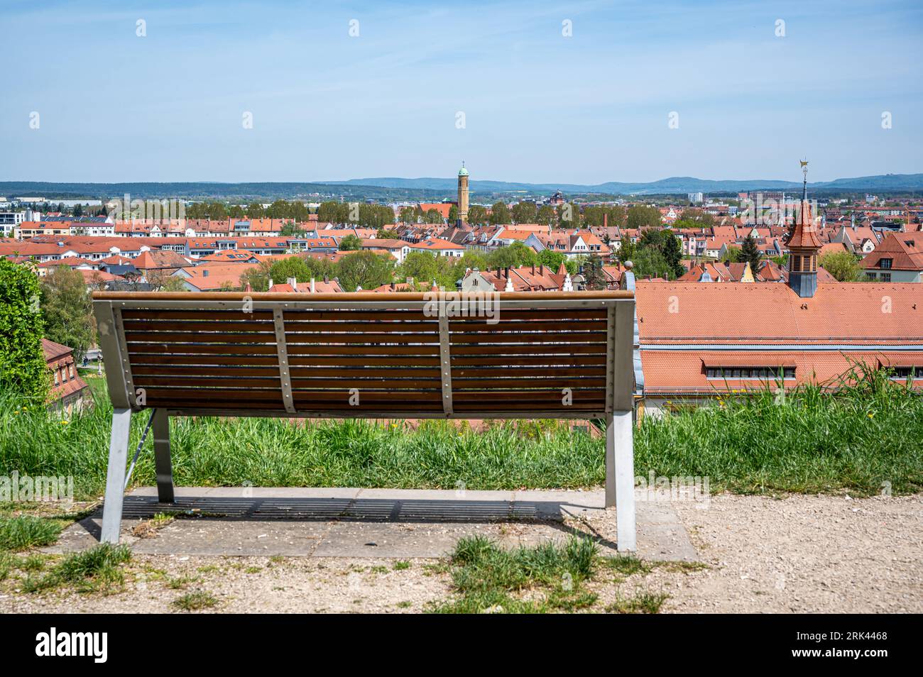 Wooden bench with view of old town from above in Bamberg, Germany Stock ...