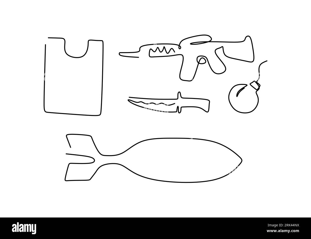 one line drawing military equipments isolated on white background ...
