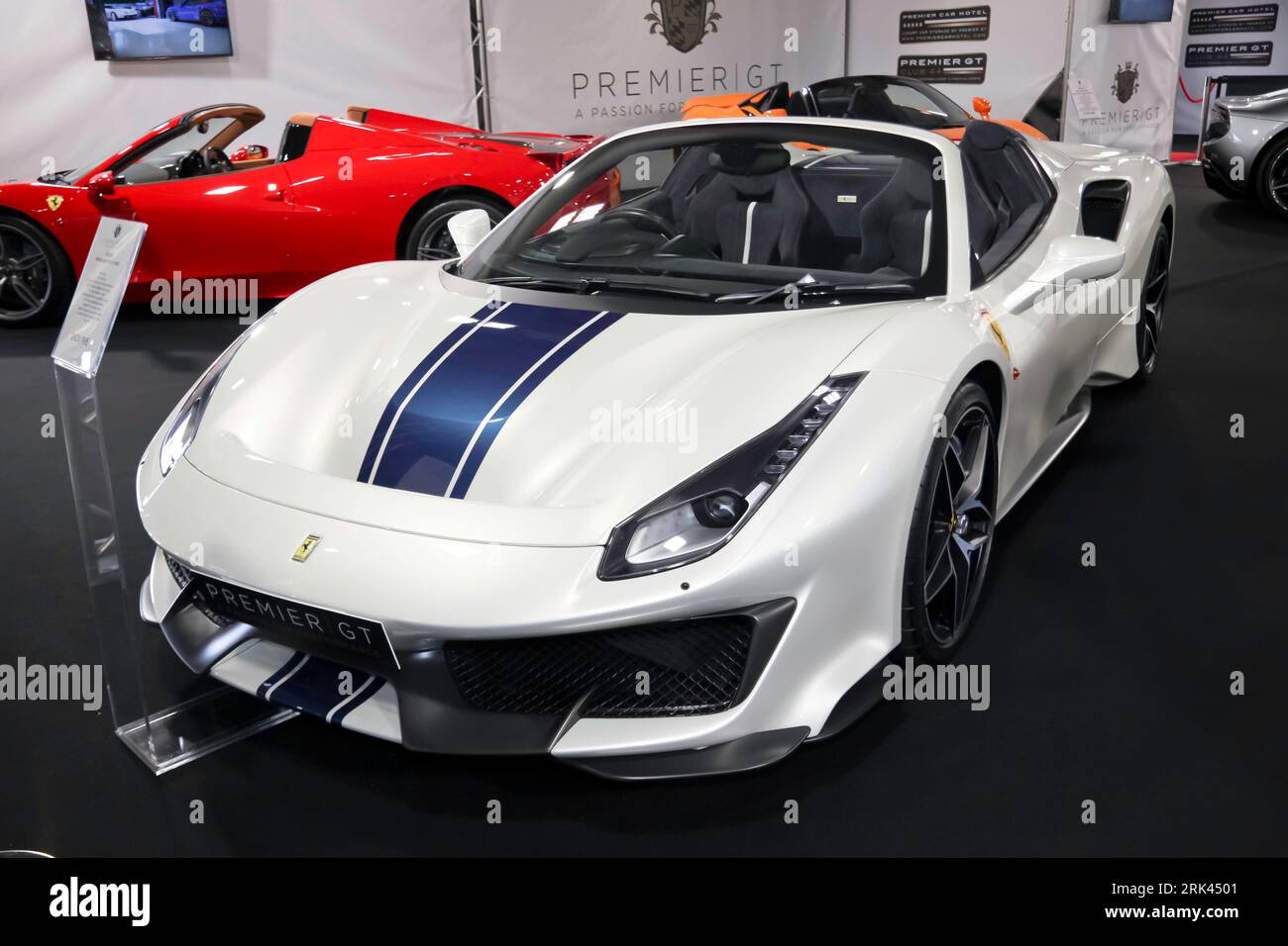 Three-quarters front view of a White, 2020, Ferrari 488 Pista Spyder, on the Premier GT Stand ...