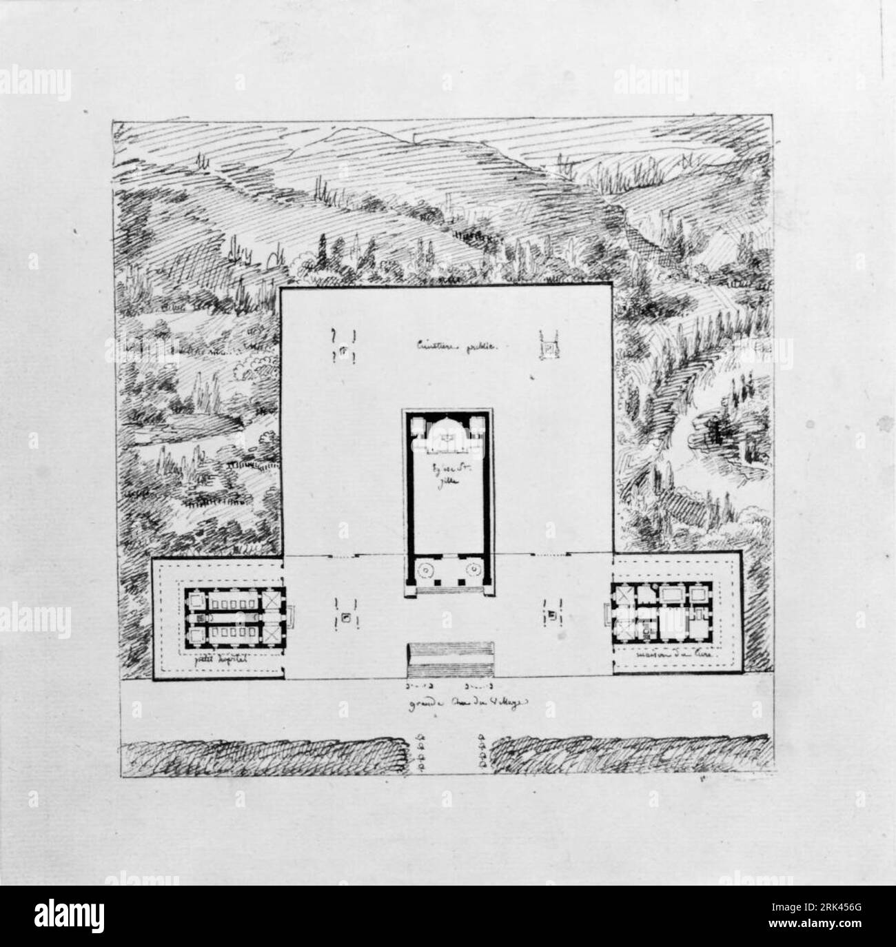 Hospitalanläggning, plan, införd i landskap by Carl Fredrik Sundvall ...
