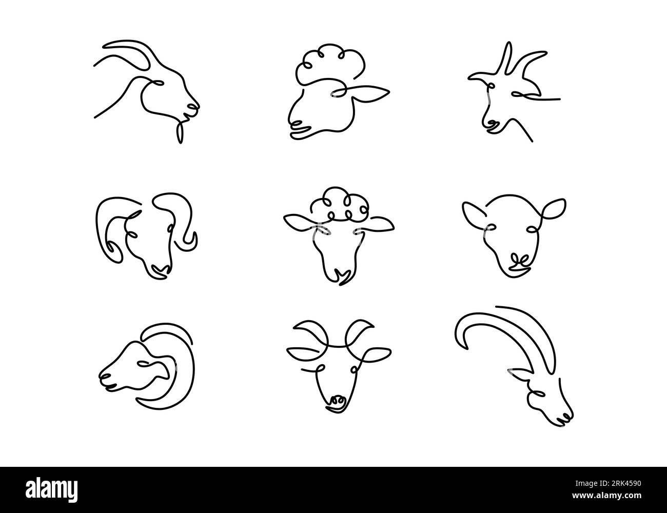 One continuous single line hand drawing of nine goat sheep heads ...