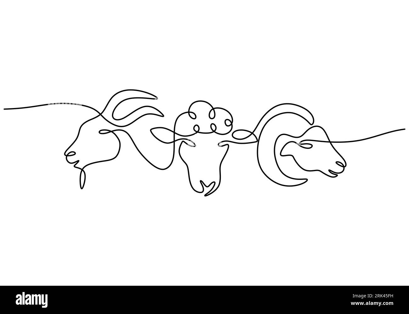 One continuous single line hand drawing of three goat sheep heads ...