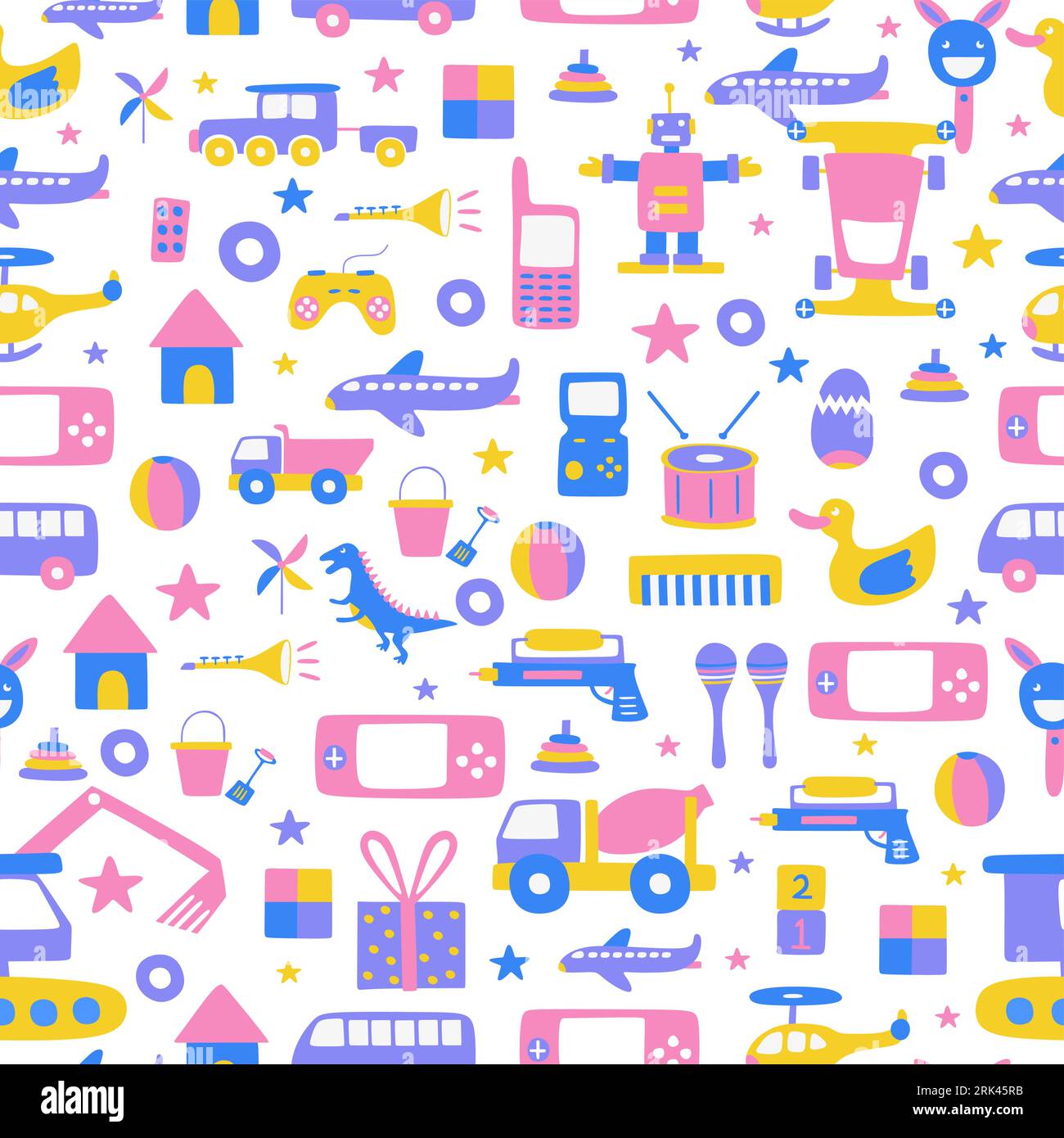 Hand drawn of seamless pattern baby toy with game console, duck, truck ...