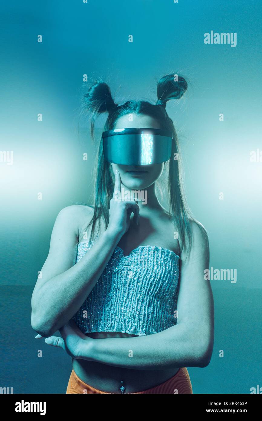 Portrait of beautiful cyber model woman posing wearing futuristic ...