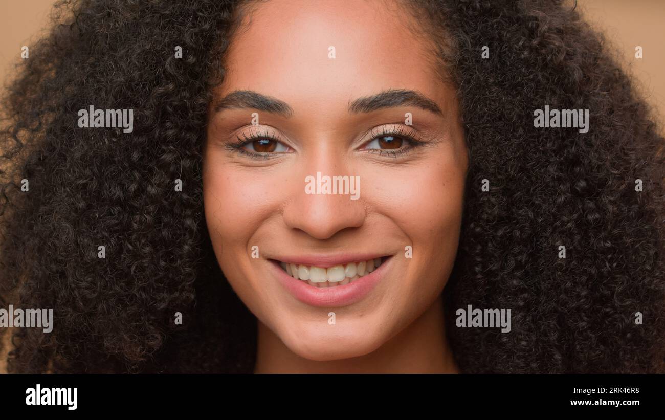 Close up female perfect face clean smooth skin make-up smiling happy ...