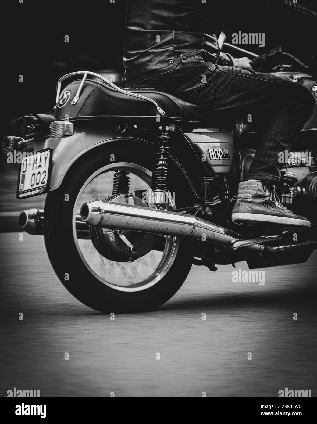 A close-up of a BMW cruiser motorcycle's rear side with the logo Stock ...