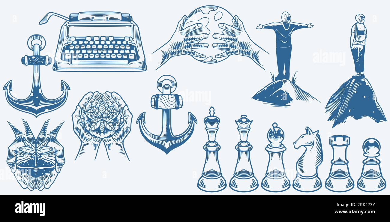 Vintage hand drawn of man standing upon on the hills, hands hold plant ...