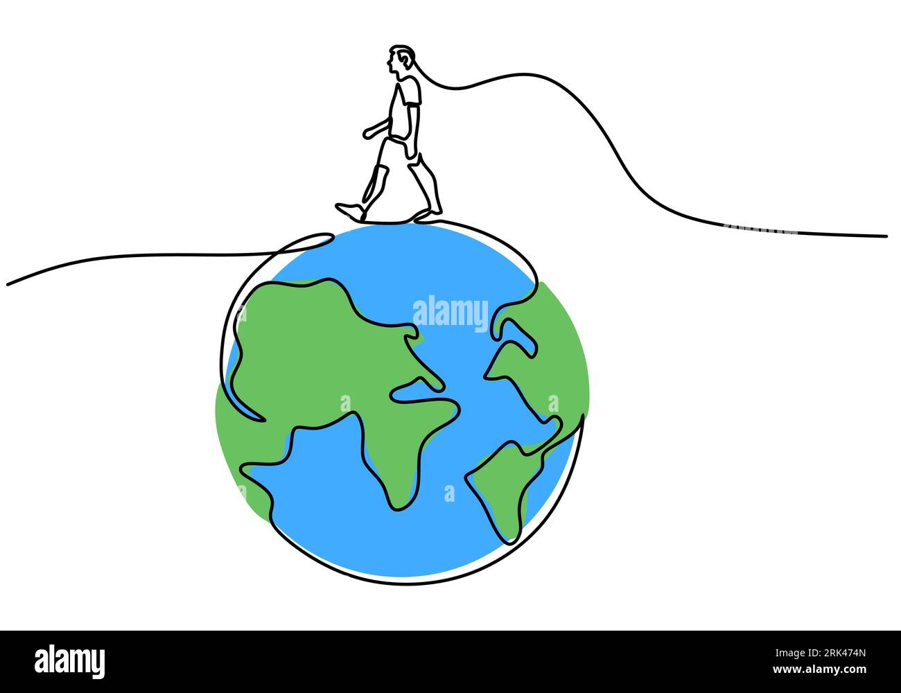 One continuous single line hand drawing of man walking on earth globe ...