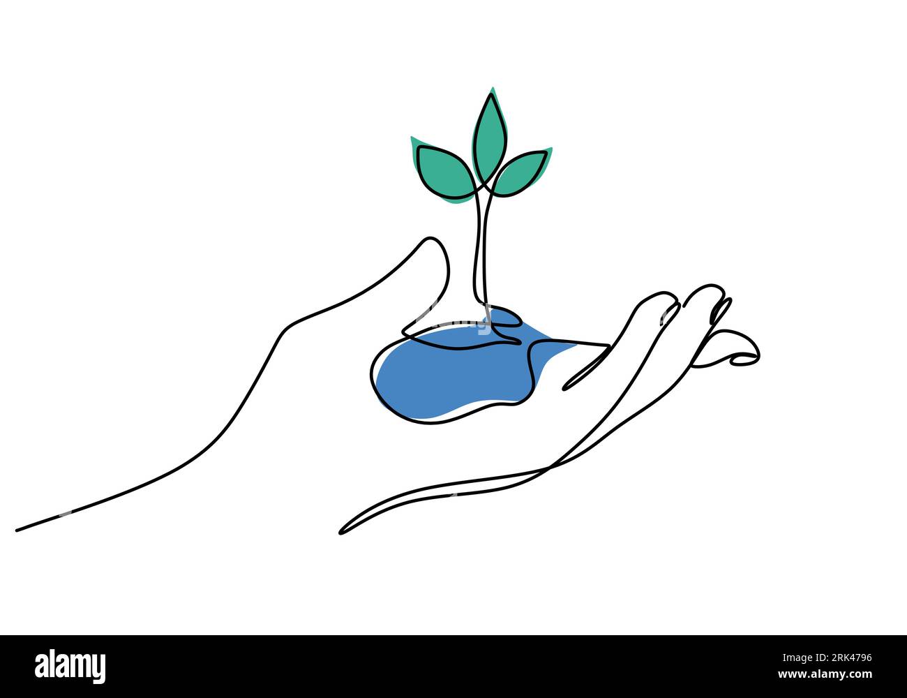 One continuous single line hand drawing of hand bring plant isolated on ...