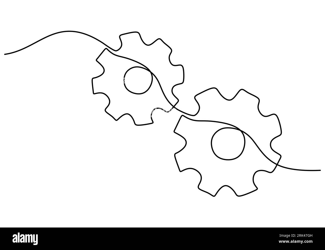 One continuous single line hand drawing of two gears isolated on white ...