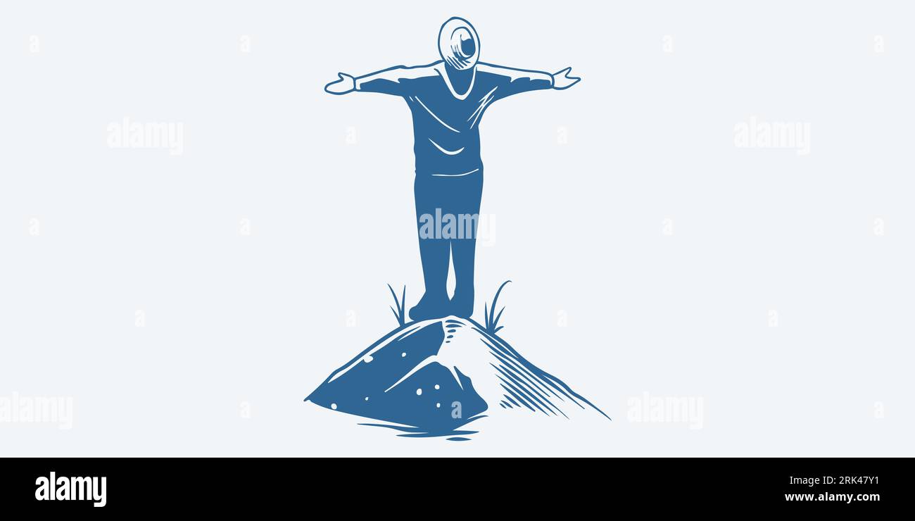 Vintage hand drawn man standing upon on the hills with opened body ...