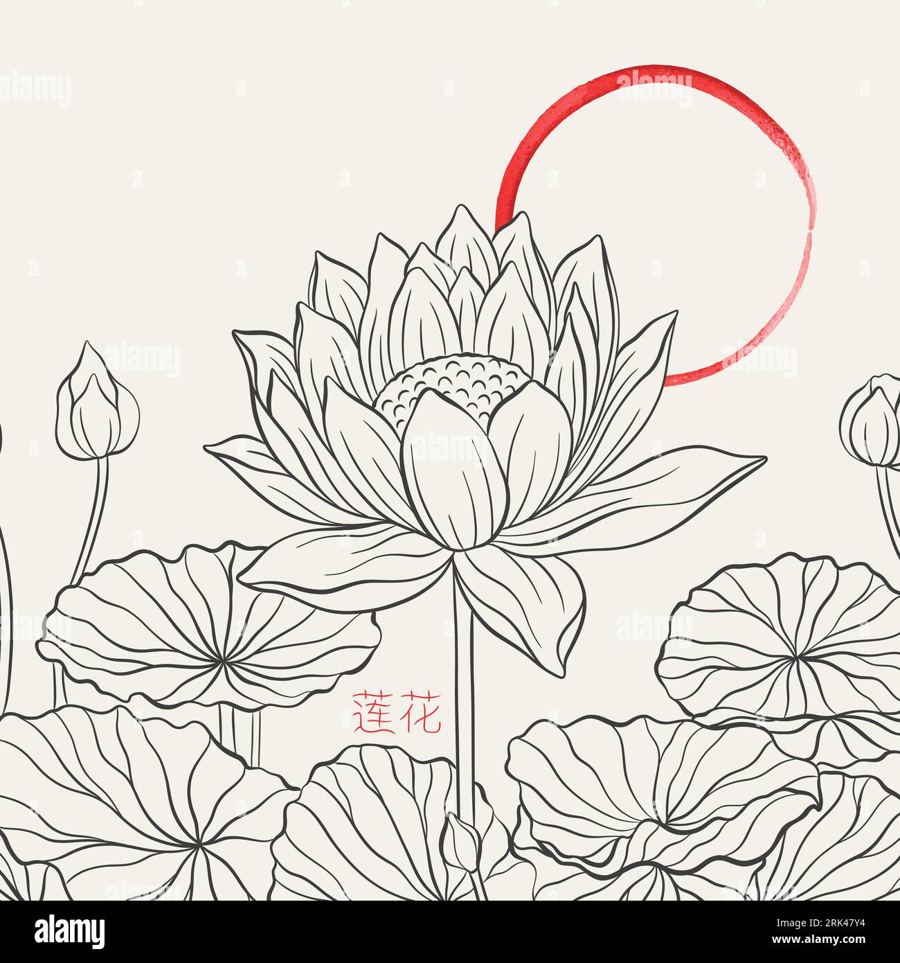 Freehand of a lotus with thin graceful lines against and red Enso zen ...