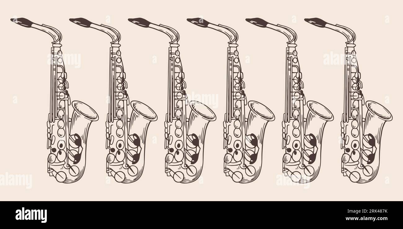 Vintage hand drawn six saxophone in vintage engraved style. Isolated on ...