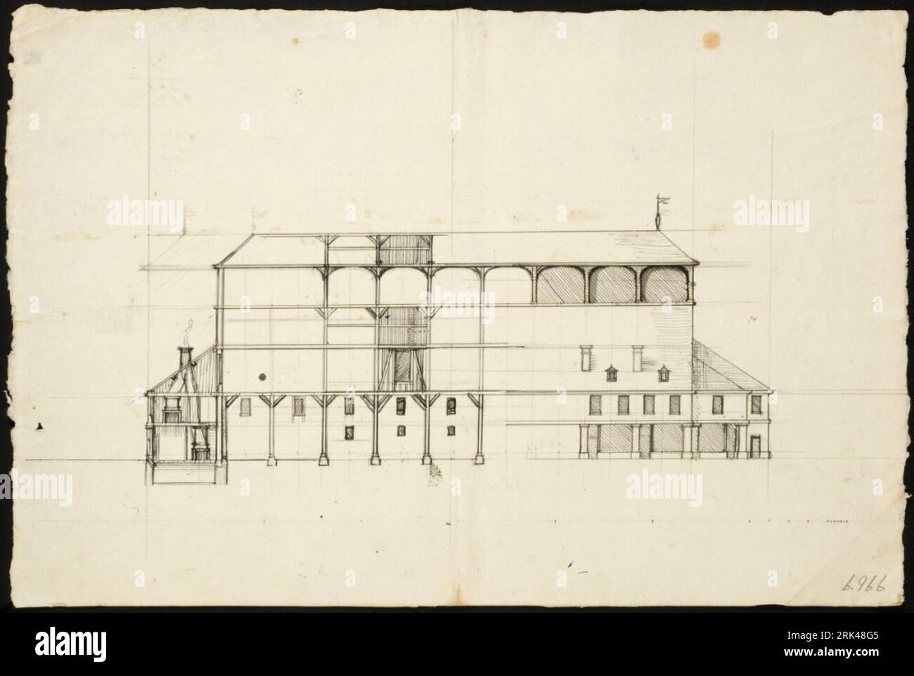 Skiss till ritning för en hallbyggnad i Paris. Längdsektion, samt ...